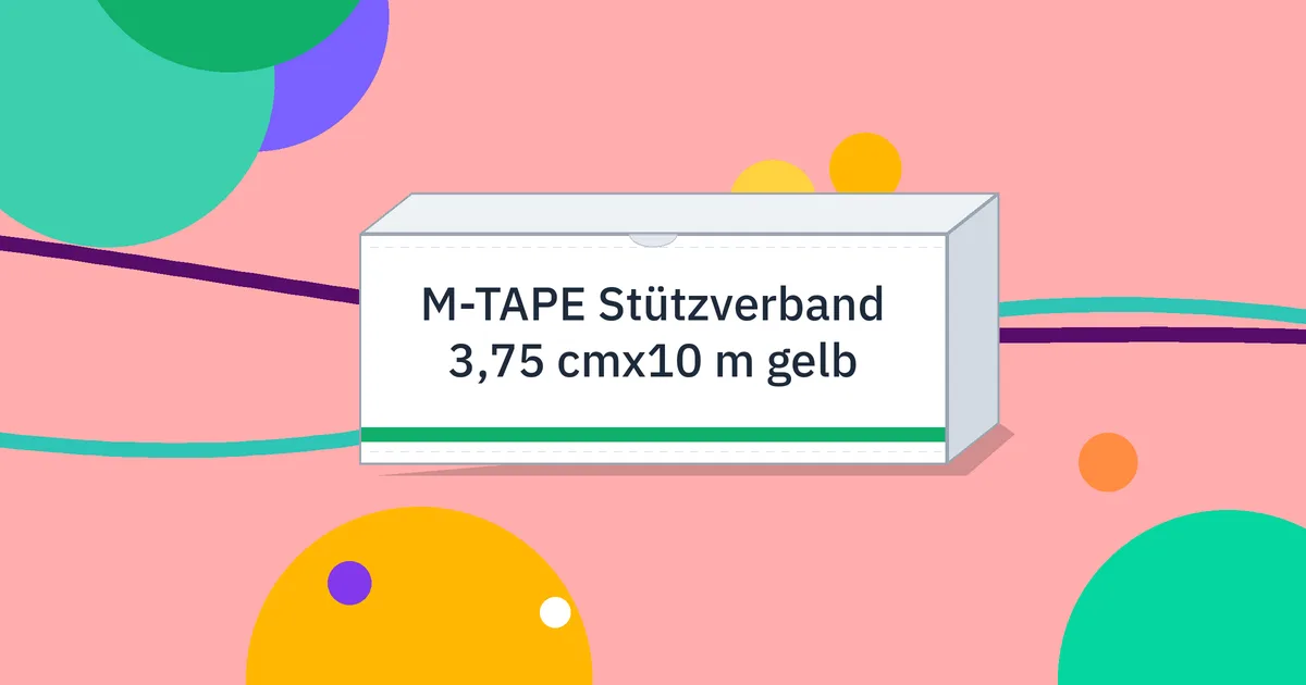 Symbolbild: Packung mit der Aufschrift M-TAPE Stützverband 3,75 cmx10 m gelb (PZN 02512566) – Verfügbarkeit und Bezug in Apotheken in Frankfurt am Main