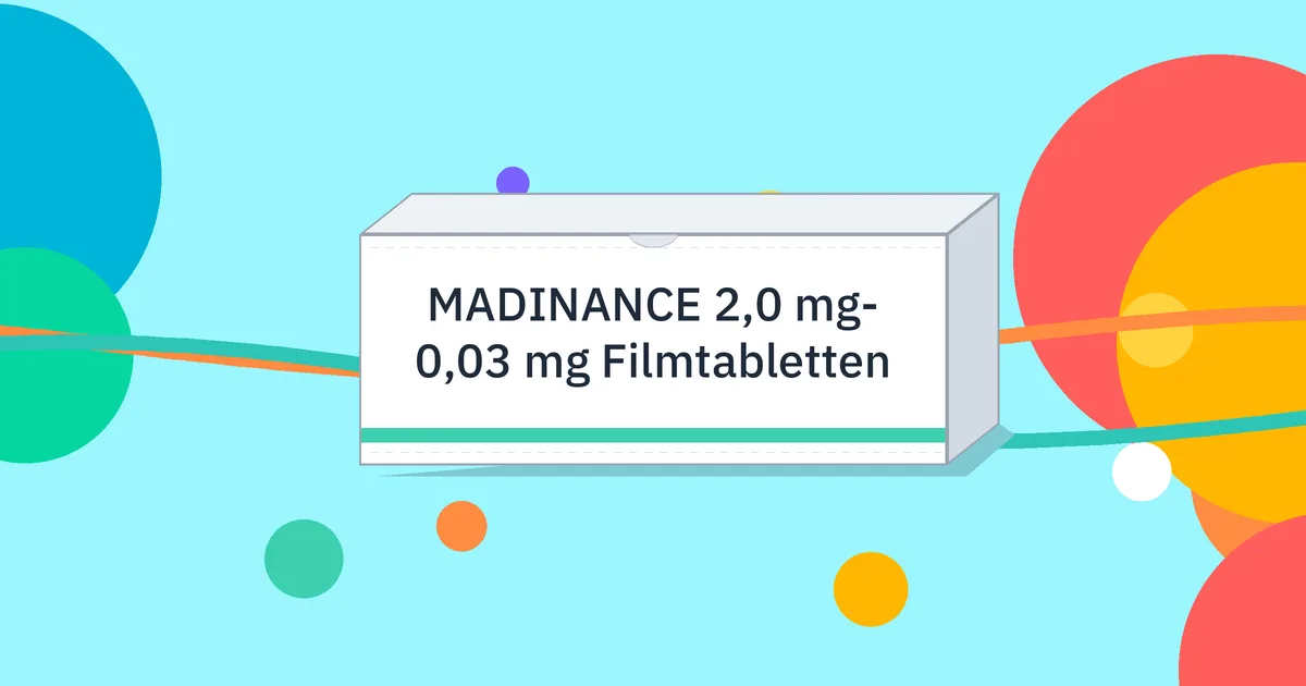 Symbolbild: Packung mit der Aufschrift MADINANCE 2,0 mg-0,03 mg Filmtabletten (PZN 10394980) – Verfügbarkeit und Bezug in Apotheken in Frankfurt am Main