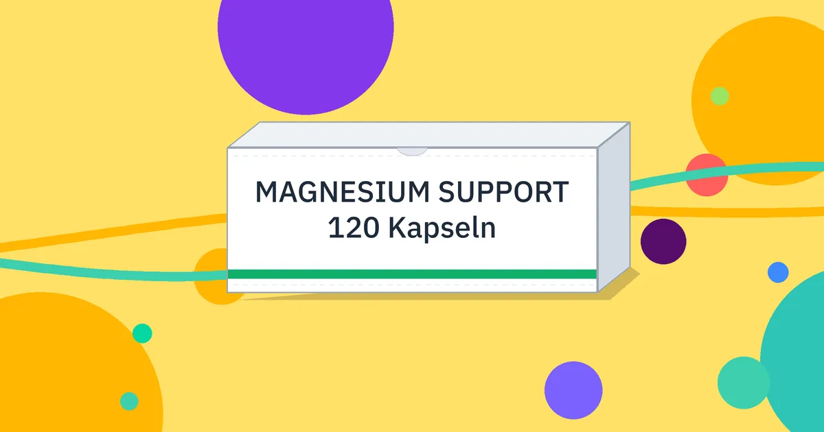 Symbolbild: Packung mit der Aufschrift MAGNESIUM SUPPORT 120 Kapseln (PZN 19637214) – Verfügbarkeit und Bezug in Apotheken in Frankfurt am Main