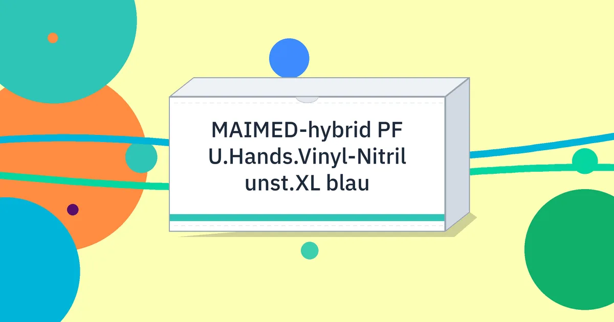 Symbolbild: Packung mit der Aufschrift MAIMED-hybrid PF U.Hands.Vinyl-Nitril unst.XL blau (PZN 16932102) – Verfügbarkeit und Bezug in Apotheken in Frankfurt am Main