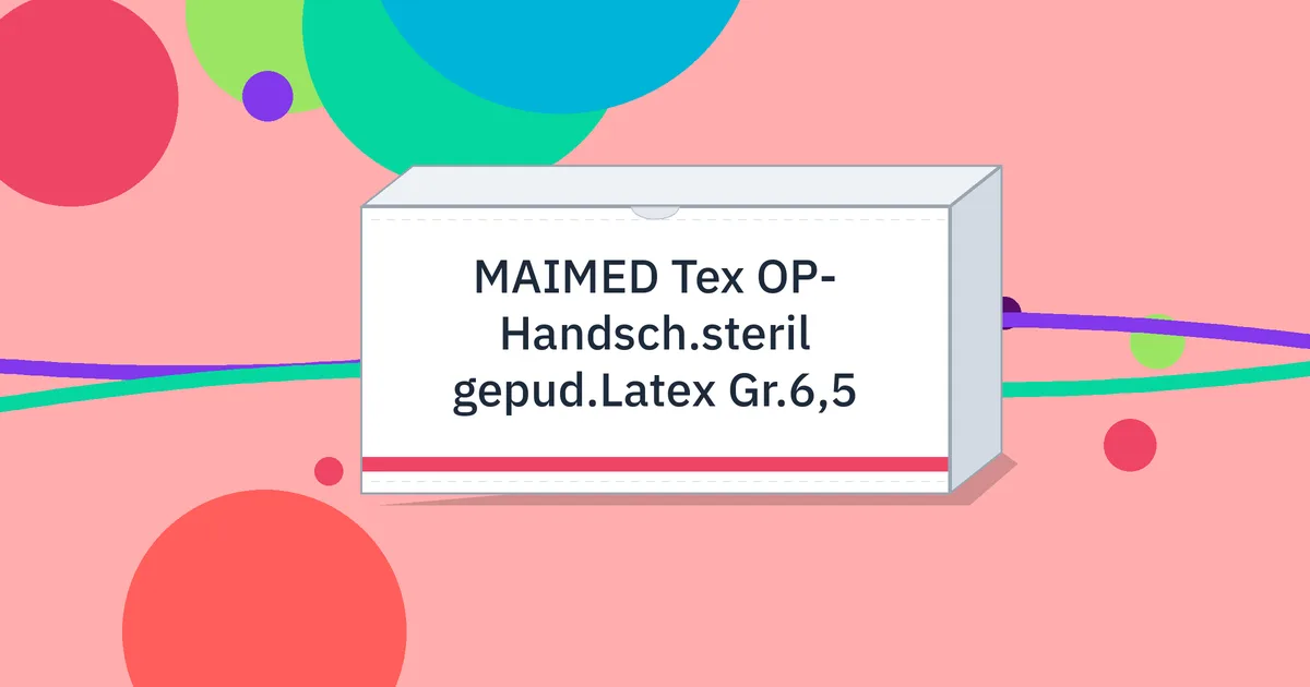 Symbolbild: Packung mit der Aufschrift MAIMED Tex OP-Handsch.steril gepud.Latex Gr.6,5 (PZN 04842612) – Verfügbarkeit und Bezug in Apotheken in Frankfurt am Main