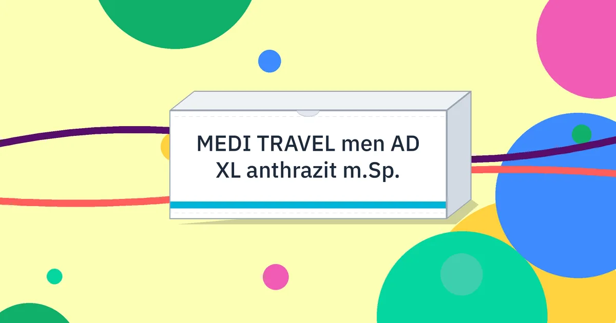 Symbolbild: Packung mit der Aufschrift MEDI TRAVEL men AD XL anthrazit m.Sp. (PZN 15198108) – Verfügbarkeit und Bezug in Apotheken in Frankfurt am Main
