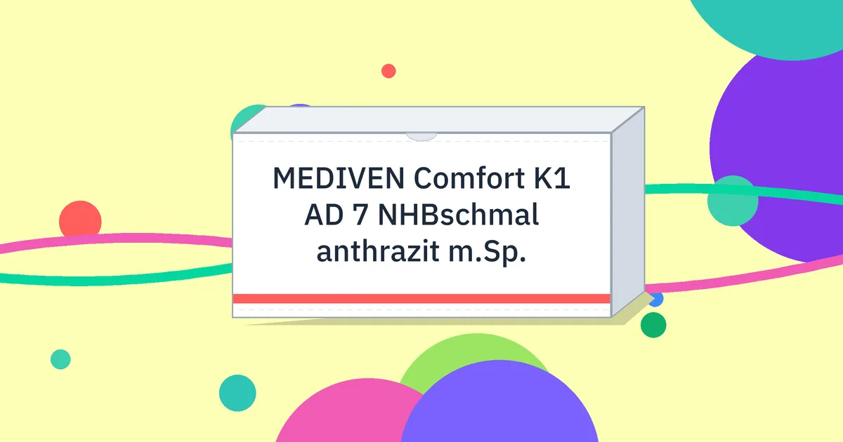 Symbolbild: Packung mit der Aufschrift MEDIVEN Comfort K1 AD 7 NHBschmal anthrazit m.Sp. (PZN 14561280) – Verfügbarkeit und Bezug in Apotheken in Frankfurt am Main