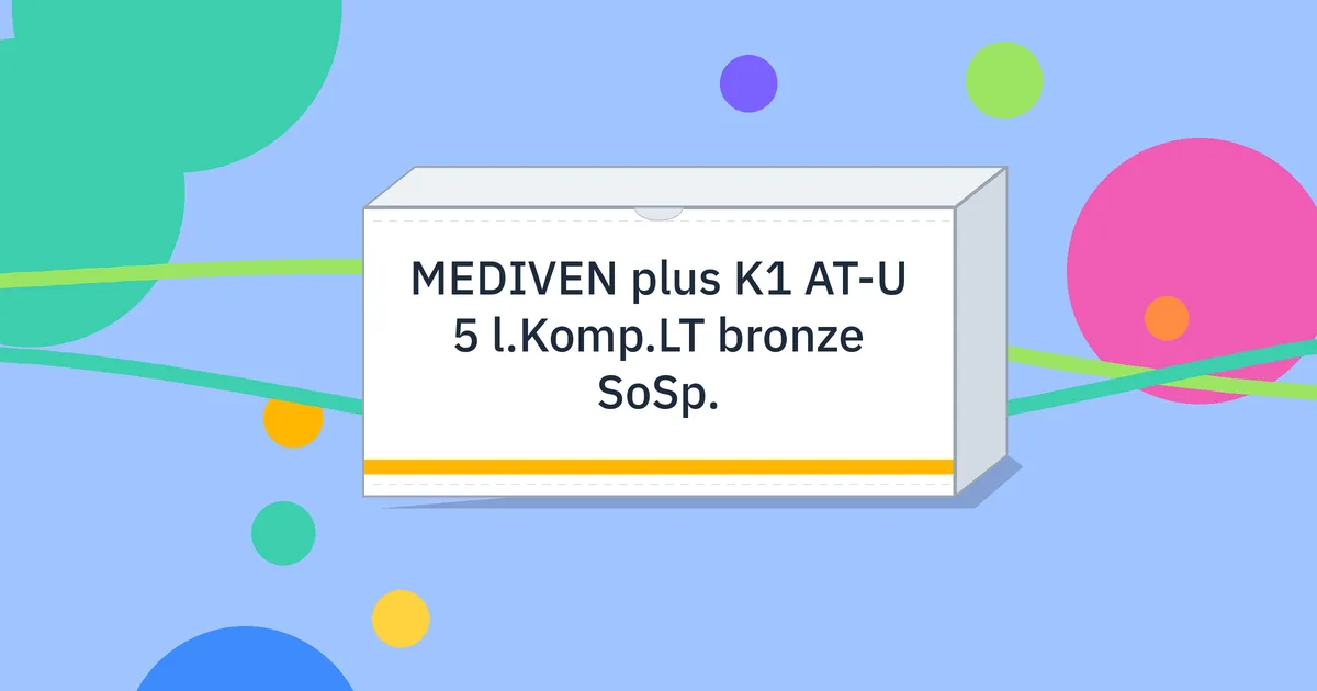 Symbolbild: Packung mit der Aufschrift MEDIVEN plus K1 AT-U 5 l.Komp.LT bronze SoSp. (PZN 15033778) – Verfügbarkeit und Bezug in Apotheken in Frankfurt am Main