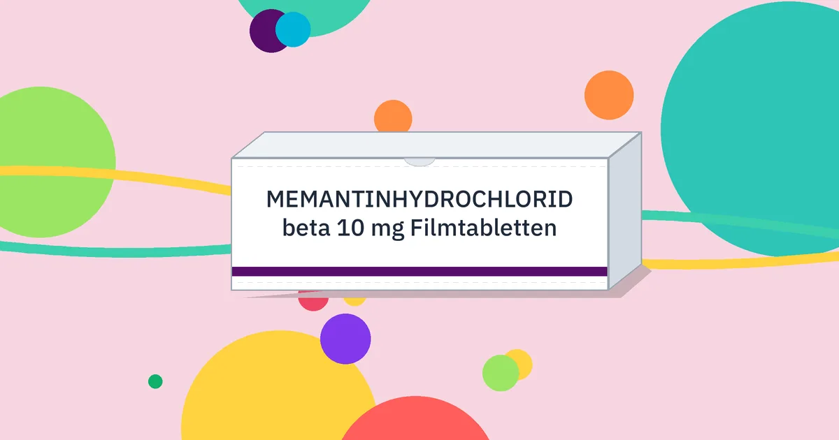 Symbolbild: Packung mit der Aufschrift MEMANTINHYDROCHLORID beta 10 mg Filmtabletten (PZN 09890113) – Verfügbarkeit und Bezug in Apotheken in Frankfurt am Main