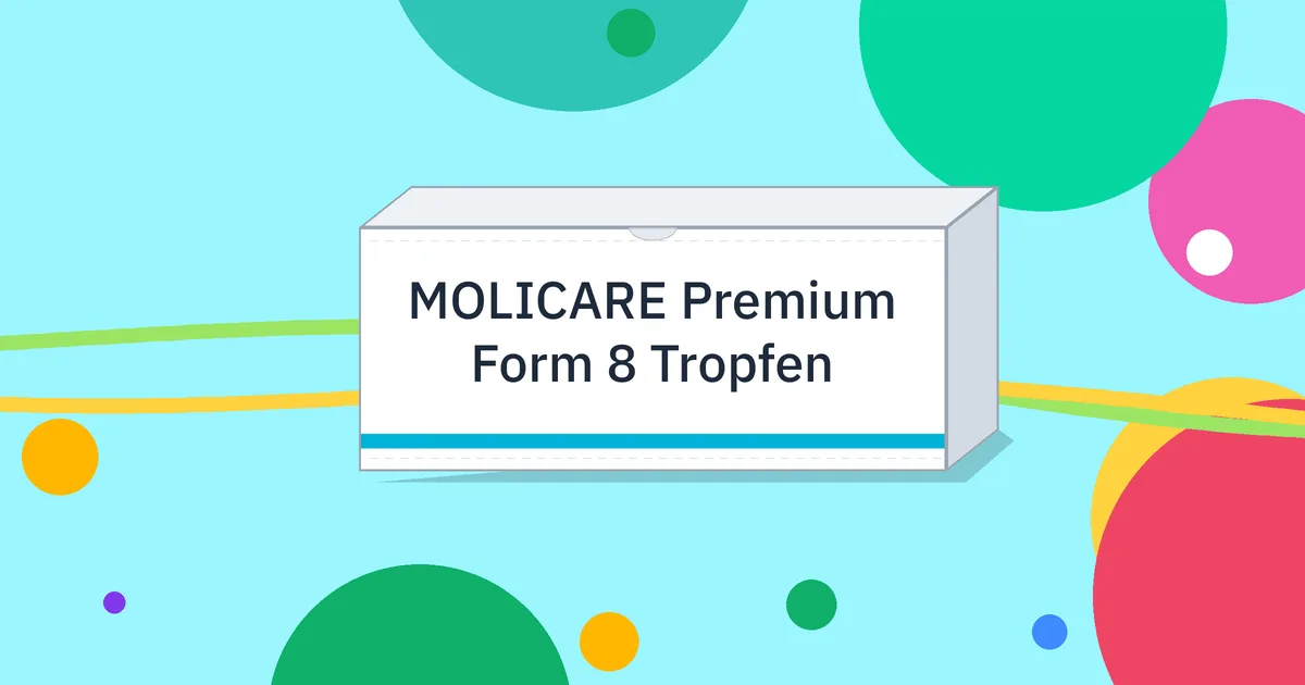 Symbolbild: Packung mit der Aufschrift MOLICARE Premium Form 8 Tropfen (PZN 17633643) – Verfügbarkeit und Bezug in Apotheken in Frankfurt am Main
