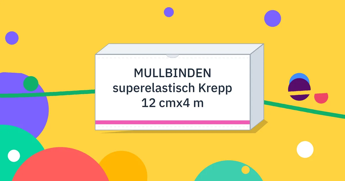 Symbolbild: Packung mit der Aufschrift MULLBINDEN superelastisch Krepp 12 cmx4 m (PZN 01653750) – Verfügbarkeit und Bezug in Apotheken in Frankfurt am Main