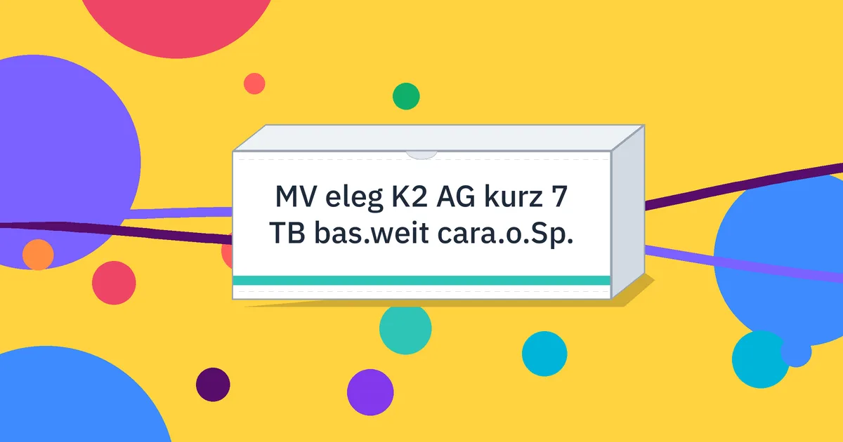 Symbolbild: Packung mit der Aufschrift MV eleg K2 AG kurz 7 TB bas.weit cara.o.Sp. (PZN 00190578) – Verfügbarkeit und Bezug in Apotheken in Frankfurt am Main