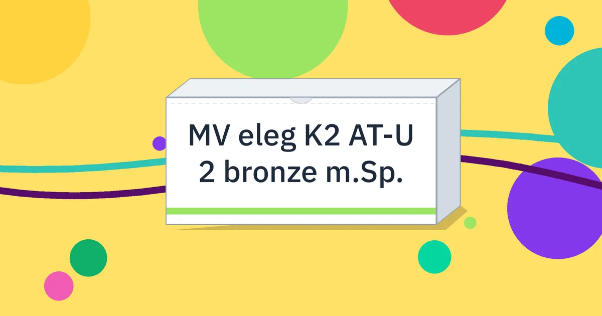 Symbolbild: Packung mit der Aufschrift MV eleg K2 AT-U 2 bronze m.Sp. (PZN 15288515) – Verfügbarkeit und Bezug in Apotheken in Frankfurt am Main