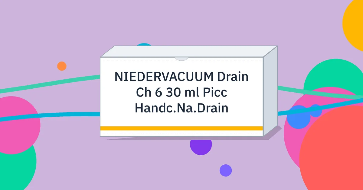 Symbolbild: Packung mit der Aufschrift NIEDERVACUUM Drain Ch 6 30 ml Picc Handc.Na.Drain (PZN 00519009) – Verfügbarkeit und Bezug in Apotheken in Frankfurt am Main