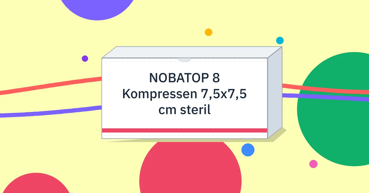 Symbolbild: Packung mit der Aufschrift NOBATOP 8 Kompressen 7,5x7,5 cm steril (PZN 04018304) – Verfügbarkeit und Bezug in Apotheken in Frankfurt am Main