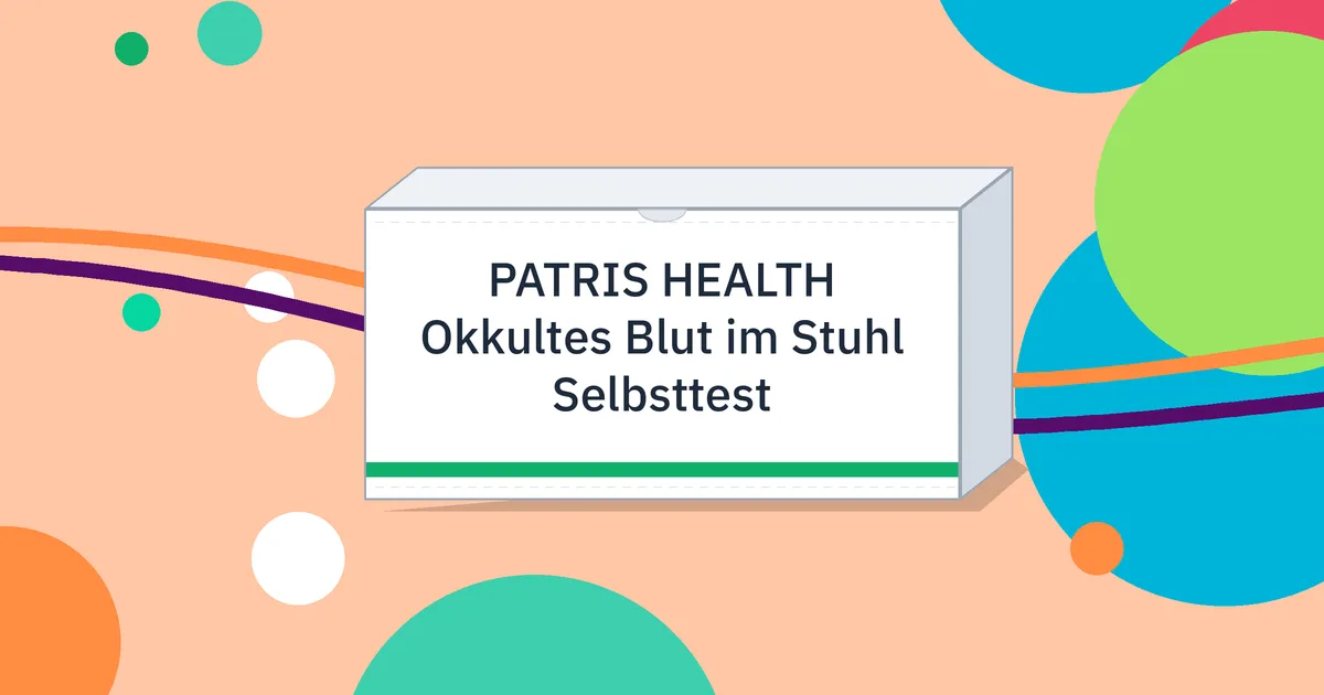 Symbolbild: Packung mit der Aufschrift PATRIS HEALTH Okkultes Blut im Stuhl Selbsttest (PZN 18133730) – Verfügbarkeit und Bezug in Apotheken in Frankfurt am Main