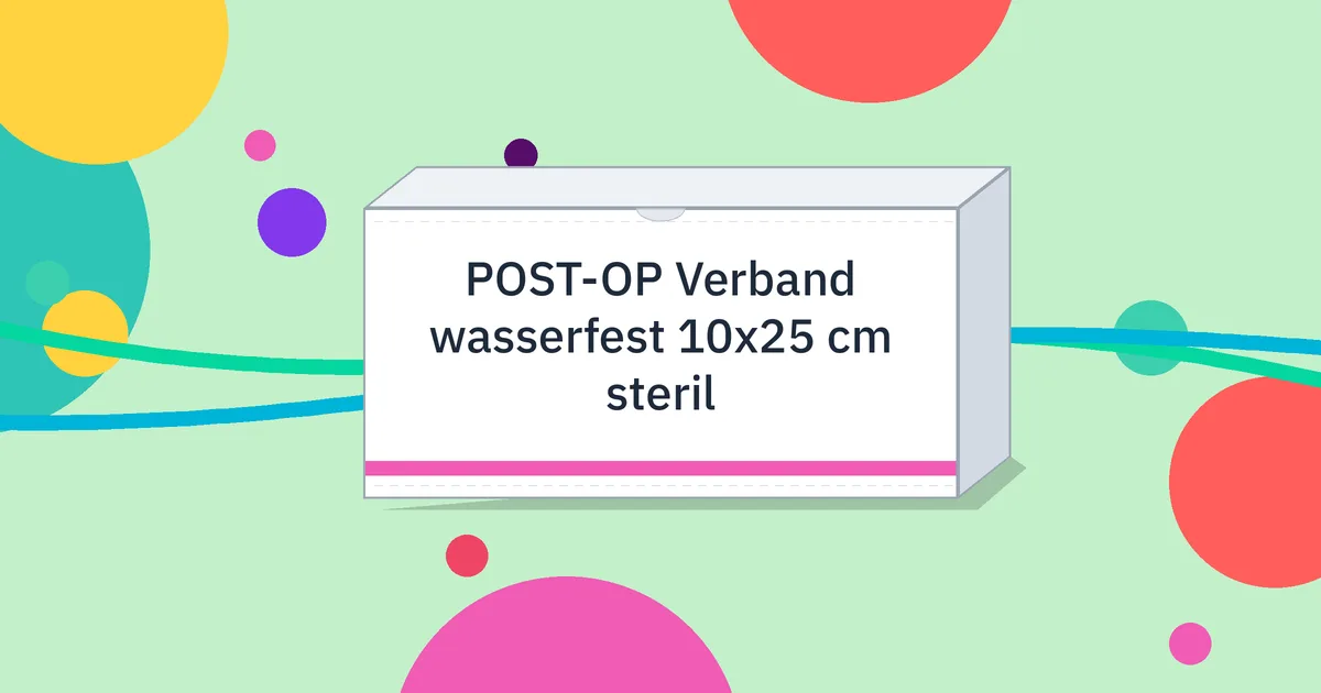 Symbolbild: Packung mit der Aufschrift POST-OP Verband wasserfest 10x25 cm steril (PZN 17562469) – Verfügbarkeit und Bezug in Apotheken in Frankfurt am Main