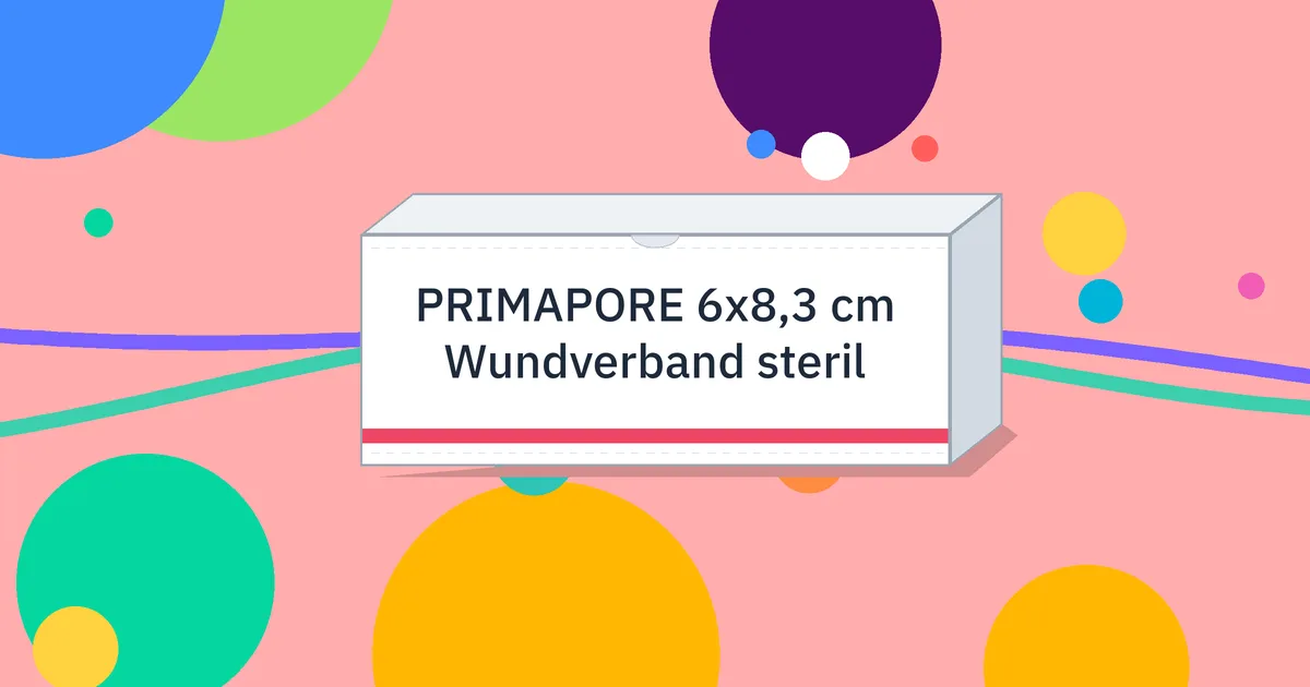 Symbolbild: Packung mit der Aufschrift PRIMAPORE 6x8,3 cm Wundverband steril (PZN 19703247) – Verfügbarkeit und Bezug in Apotheken in Frankfurt am Main