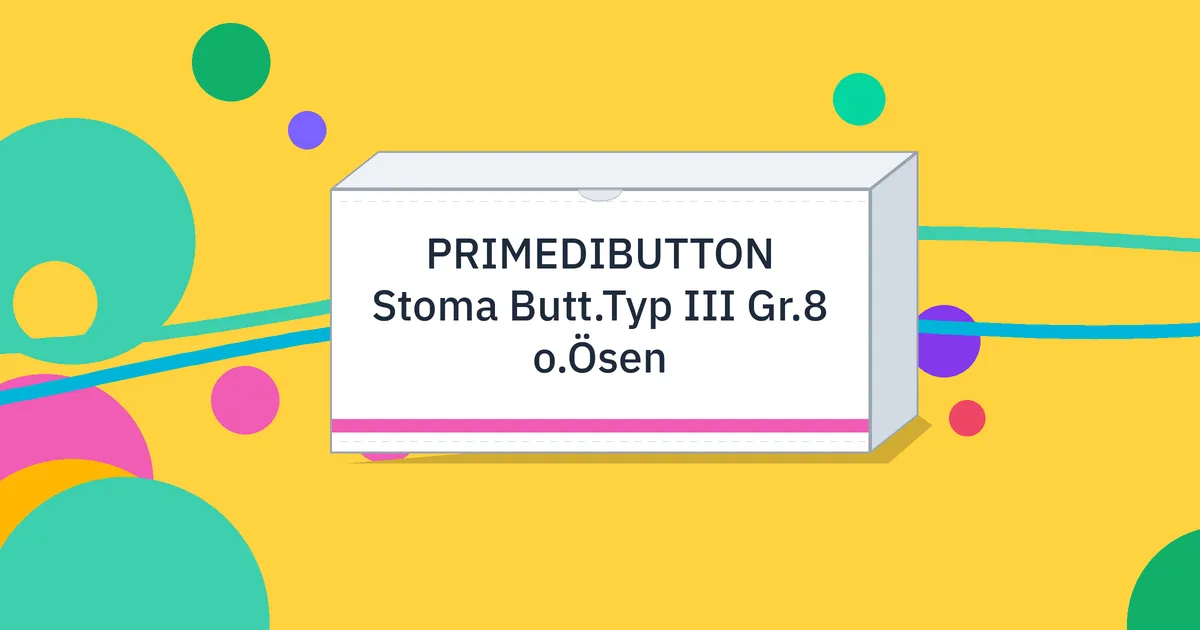 Symbolbild: Packung mit der Aufschrift PRIMEDIBUTTON Stoma Butt.Typ III Gr.8 o.Ösen (PZN 10791586) – Verfügbarkeit und Bezug in Apotheken in Frankfurt am Main