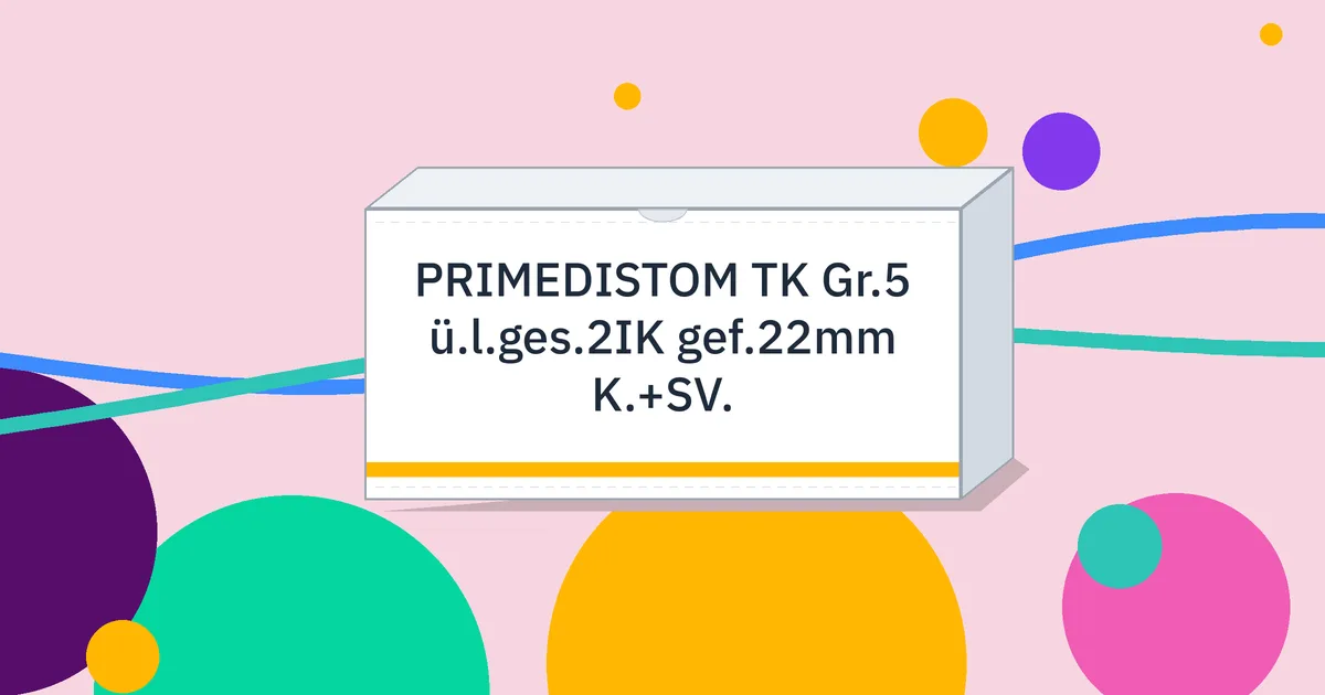 Symbolbild: Packung mit der Aufschrift PRIMEDISTOM TK Gr.5 ü.l.ges.2IK gef.22mm K.+SV. (PZN 10928542) – Verfügbarkeit und Bezug in Apotheken in Frankfurt am Main