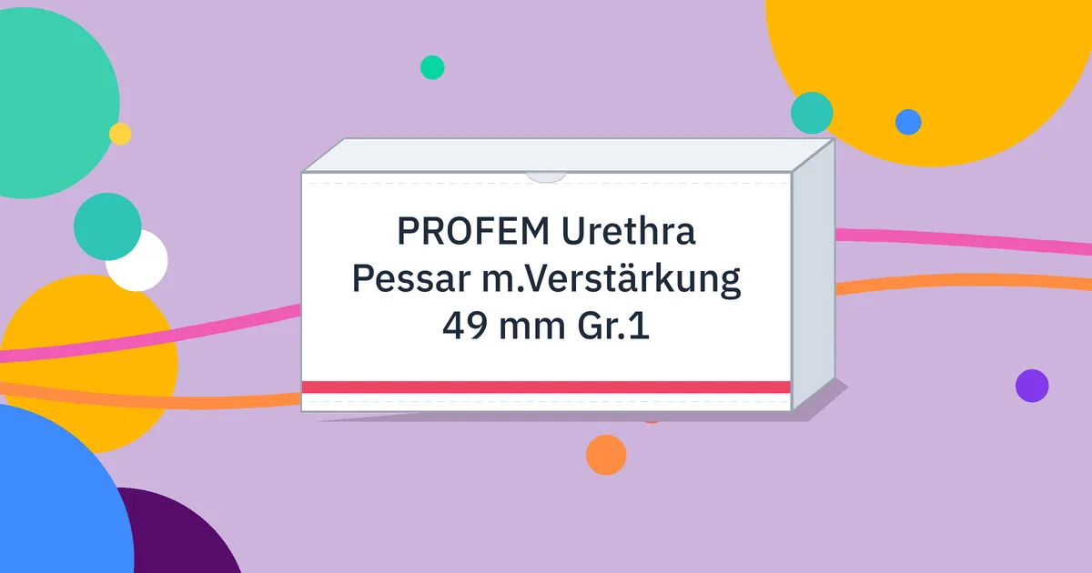 Symbolbild: Packung mit der Aufschrift PROFEM Urethra Pessar m.Verstärkung 49 mm Gr.1 (PZN 11673423) – Verfügbarkeit und Bezug in Apotheken in Frankfurt am Main