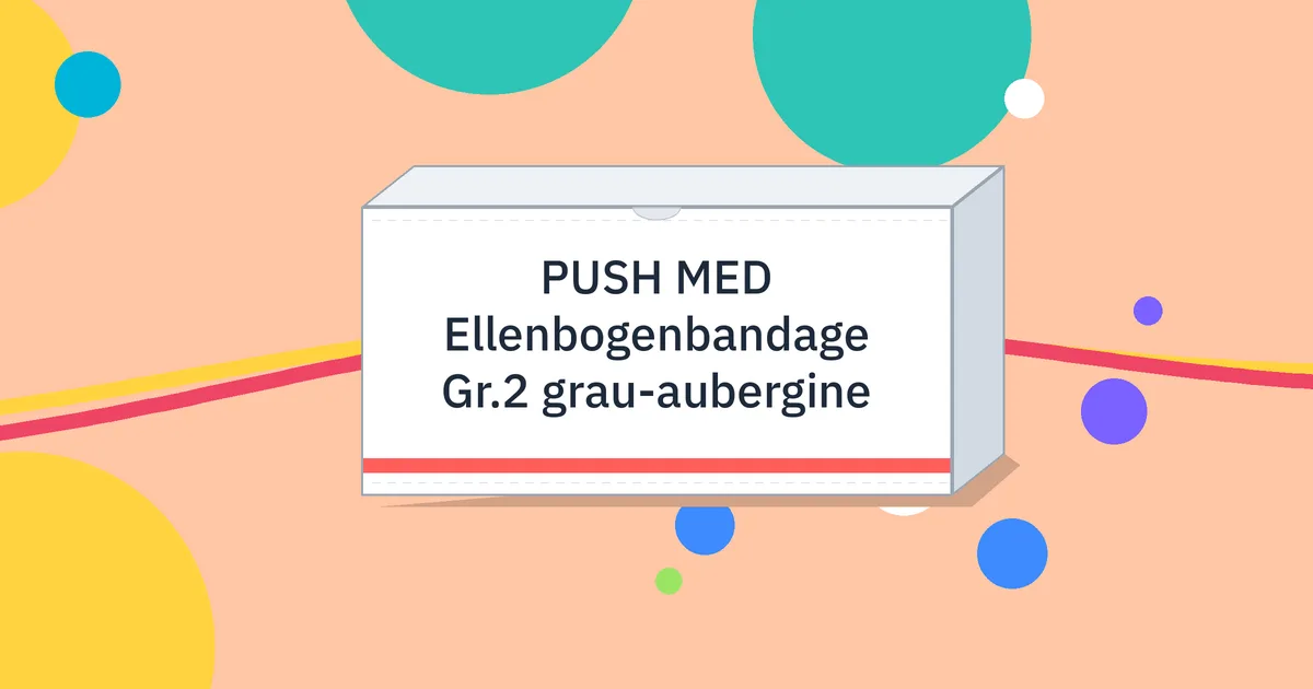 Symbolbild: Packung mit der Aufschrift PUSH MED Ellenbogenbandage Gr.2 grau-aubergine (PZN 04860136) – Verfügbarkeit und Bezug in Apotheken in Frankfurt am Main