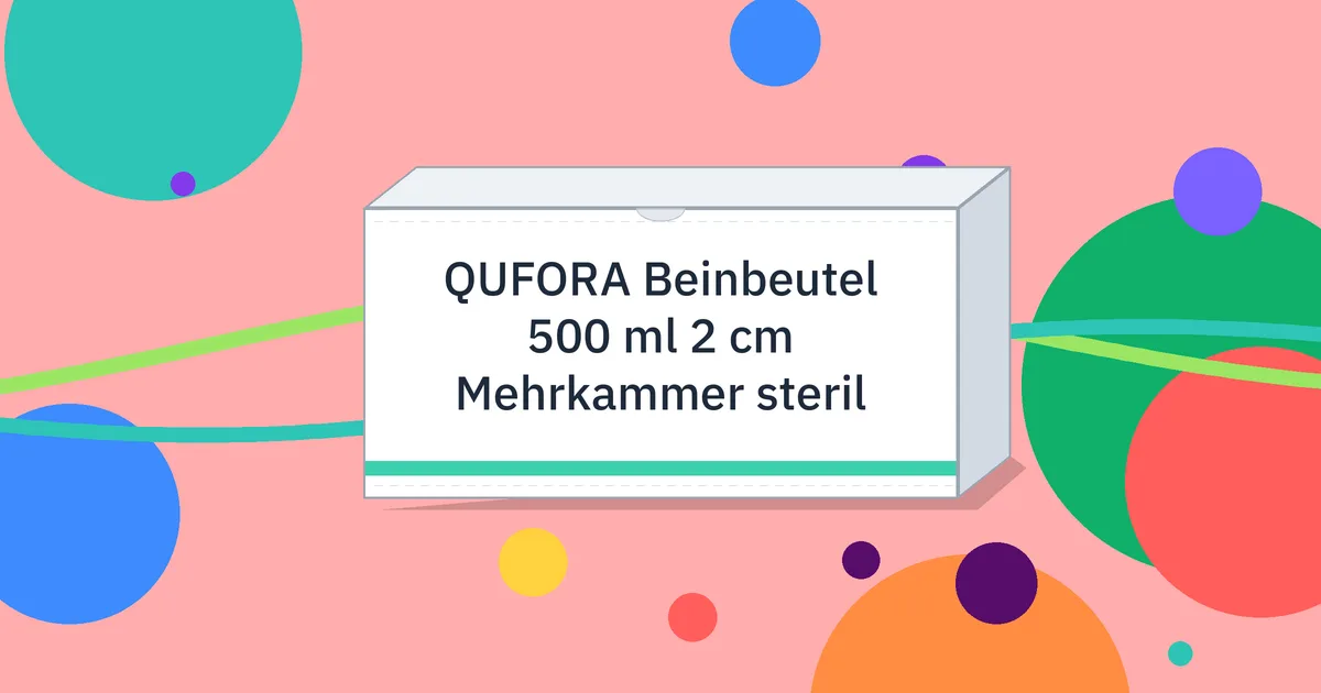 Symbolbild: Packung mit der Aufschrift QUFORA Beinbeutel 500 ml 2 cm Mehrkammer steril (PZN 06092865) – Verfügbarkeit und Bezug in Apotheken in Frankfurt am Main