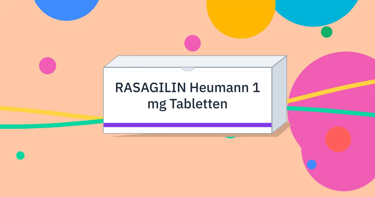 Symbolbild: Packung mit der Aufschrift RASAGILIN Heumann 1 mg Tabletten (PZN 11376010) – Verfügbarkeit und Bezug in Apotheken in Frankfurt am Main