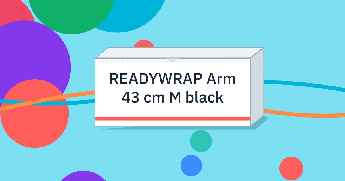 Symbolbild: Packung mit der Aufschrift READYWRAP Arm 43 cm M black (PZN 16567281) – Verfügbarkeit und Bezug in Apotheken in Frankfurt am Main