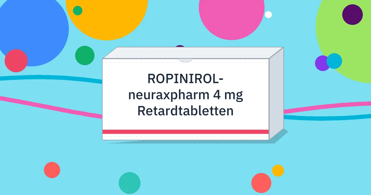 Symbolbild: Packung mit der Aufschrift ROPINIROL-neuraxpharm 4 mg Retardtabletten (PZN 09228704) – Verfügbarkeit und Bezug in Apotheken in Frankfurt am Main