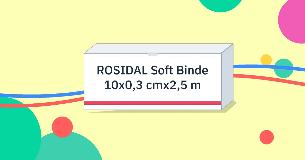 Symbolbild: Packung mit der Aufschrift ROSIDAL Soft Binde 10x0,3 cmx2,5 m (PZN 09630990) – Verfügbarkeit und Bezug in Apotheken in Frankfurt am Main