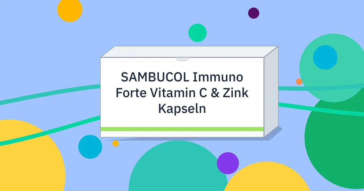 Symbolbild: Packung mit der Aufschrift SAMBUCOL Immuno Forte Vitamin C & Zink Kapseln (PZN 18429347) – Verfügbarkeit und Bezug in Apotheken in Frankfurt am Main