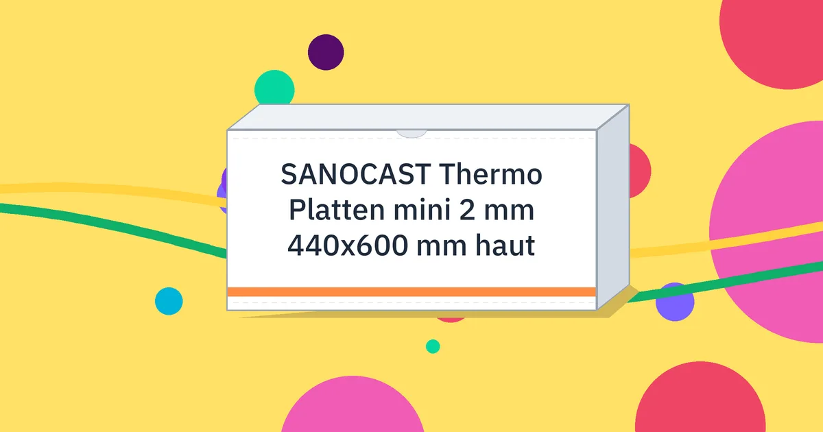 Symbolbild: Packung mit der Aufschrift SANOCAST Thermo Platten mini 2 mm 440x600 mm haut (PZN 15259488) – Verfügbarkeit und Bezug in Apotheken in Frankfurt am Main