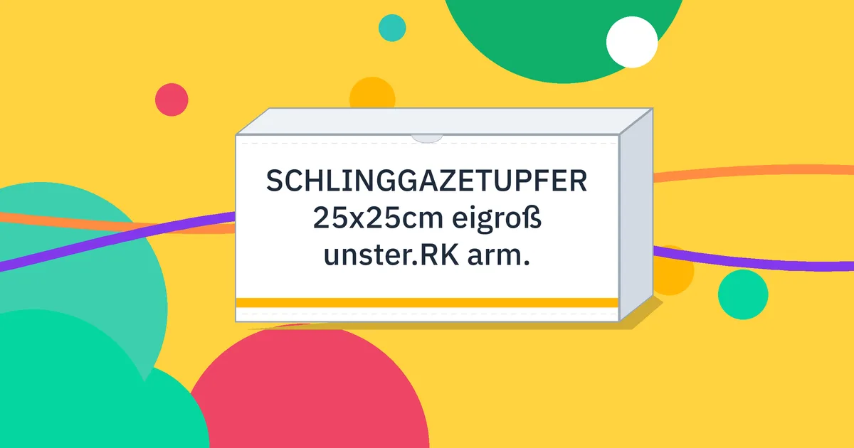 Symbolbild: Packung mit der Aufschrift SCHLINGGAZETUPFER 25x25cm eigroß unster.RK arm. (PZN 16145278) – Verfügbarkeit und Bezug in Apotheken in Frankfurt am Main