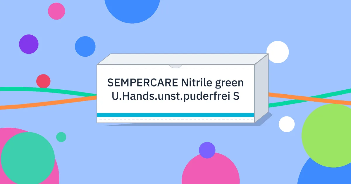 Symbolbild: Packung mit der Aufschrift SEMPERCARE Nitrile green U.Hands.unst.puderfrei S (PZN 16363354) – Verfügbarkeit und Bezug in Apotheken in Frankfurt am Main