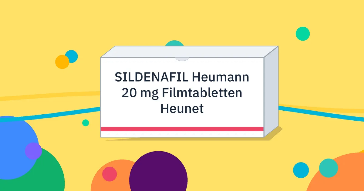 Symbolbild: Packung mit der Aufschrift SILDENAFIL Heumann 20 mg Filmtabletten Heunet (PZN 16060286) – Verfügbarkeit und Bezug in Apotheken in Frankfurt am Main