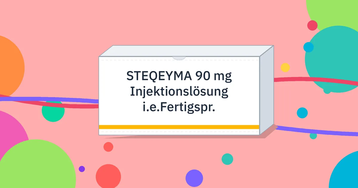 Symbolbild: Packung mit der Aufschrift STEQEYMA 90 mg Injektionslösung i.e.Fertigspr. (PZN 20133364) – Verfügbarkeit und Bezug in Apotheken in Frankfurt am Main