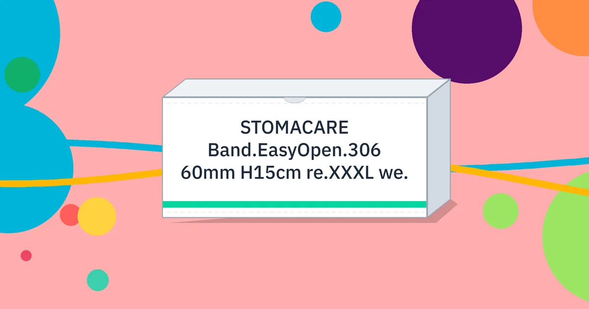 Symbolbild: Packung mit der Aufschrift STOMACARE Band.EasyOpen.306 60mm H15cm re.XXXL we. (PZN 07664803) – Verfügbarkeit und Bezug in Apotheken in Frankfurt am Main