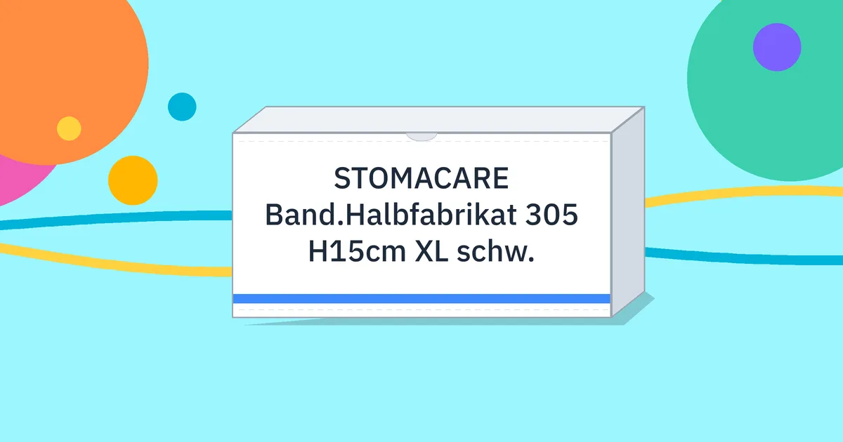 Symbolbild: Packung mit der Aufschrift STOMACARE Band.Halbfabrikat 305 H15cm XL schw. (PZN 09436791) – Verfügbarkeit und Bezug in Apotheken in Frankfurt am Main