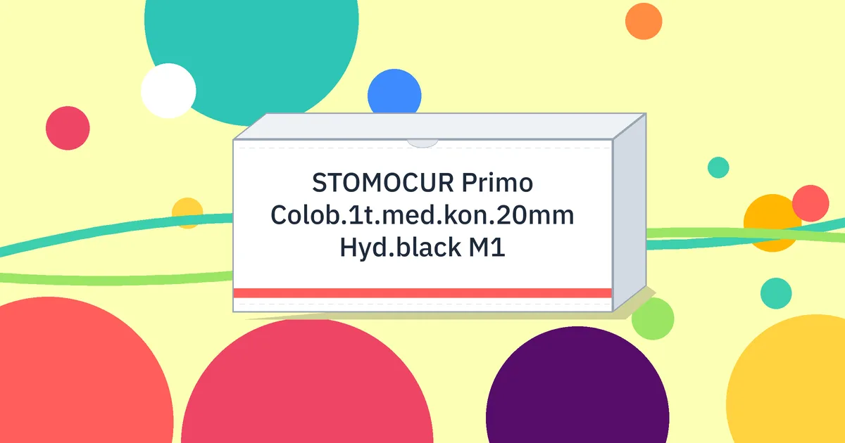 Symbolbild: Packung mit der Aufschrift STOMOCUR Primo Colob.1t.med.kon.20mm Hyd.black M1 (PZN 19536826) – Verfügbarkeit und Bezug in Apotheken in Frankfurt am Main