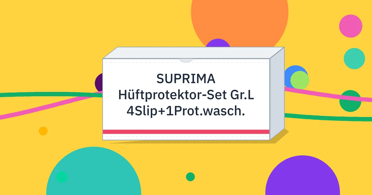 Symbolbild: Packung mit der Aufschrift SUPRIMA Hüftprotektor-Set Gr.L 4Slip+1Prot.wasch. (PZN 07711626) – Verfügbarkeit und Bezug in Apotheken in Frankfurt am Main