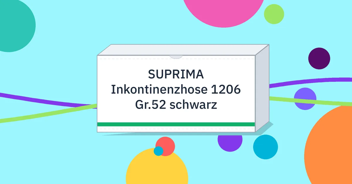 Symbolbild: Packung mit der Aufschrift SUPRIMA Inkontinenzhose 1206 Gr.52 schwarz (PZN 01514250) – Verfügbarkeit und Bezug in Apotheken in Frankfurt am Main