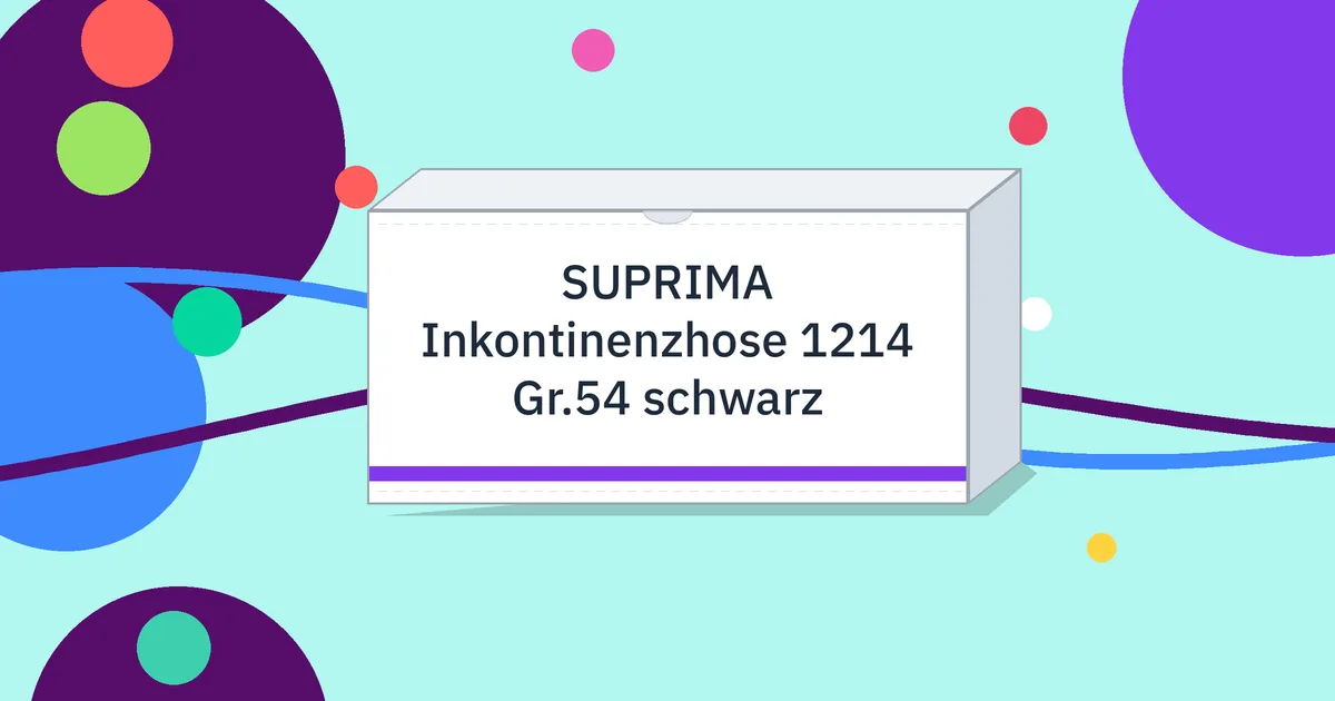 Symbolbild: Packung mit der Aufschrift SUPRIMA Inkontinenzhose 1214 Gr.54 schwarz (PZN 02853043) – Verfügbarkeit und Bezug in Apotheken in Frankfurt am Main