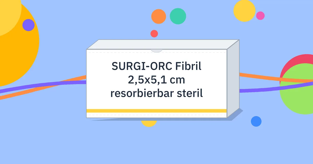 Symbolbild: Packung mit der Aufschrift SURGI-ORC Fibril 2,5x5,1 cm resorbierbar steril (PZN 18741429) – Verfügbarkeit und Bezug in Apotheken in Frankfurt am Main
