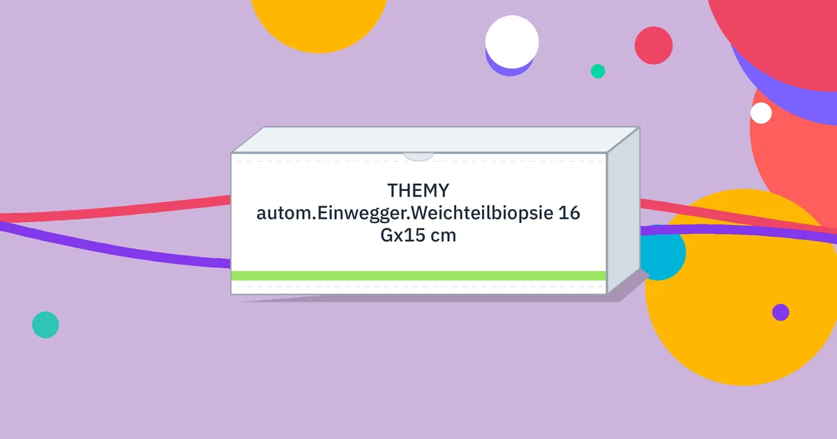Symbolbild: Packung mit der Aufschrift THEMY autom.Einwegger.Weichteilbiopsie 16 Gx15 cm (PZN 19737358) – Verfügbarkeit und Bezug in Apotheken in Frankfurt am Main