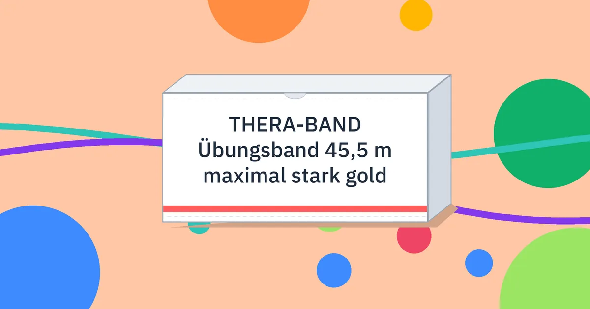 Symbolbild: Packung mit der Aufschrift THERA-BAND Übungsband 45,5 m maximal stark gold (PZN 00392359) – Verfügbarkeit und Bezug in Apotheken in Frankfurt am Main