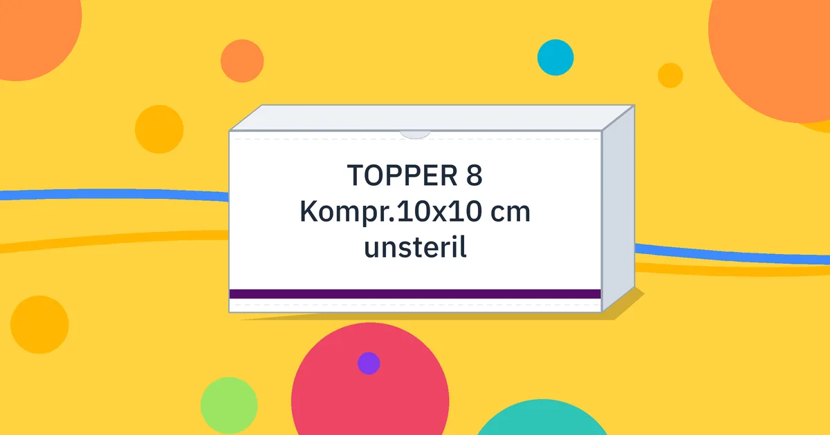 Symbolbild: Packung mit der Aufschrift TOPPER 8 Kompr.10x10 cm unsteril (PZN 04481166) – Verfügbarkeit und Bezug in Apotheken in Frankfurt am Main
