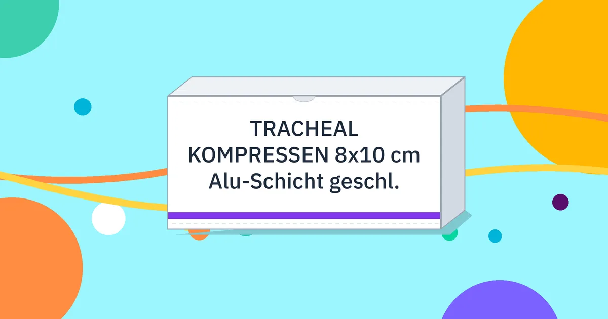 Symbolbild: Packung mit der Aufschrift TRACHEAL KOMPRESSEN 8x10 cm Alu-Schicht geschl. (PZN 00140646) – Verfügbarkeit und Bezug in Apotheken in Frankfurt am Main