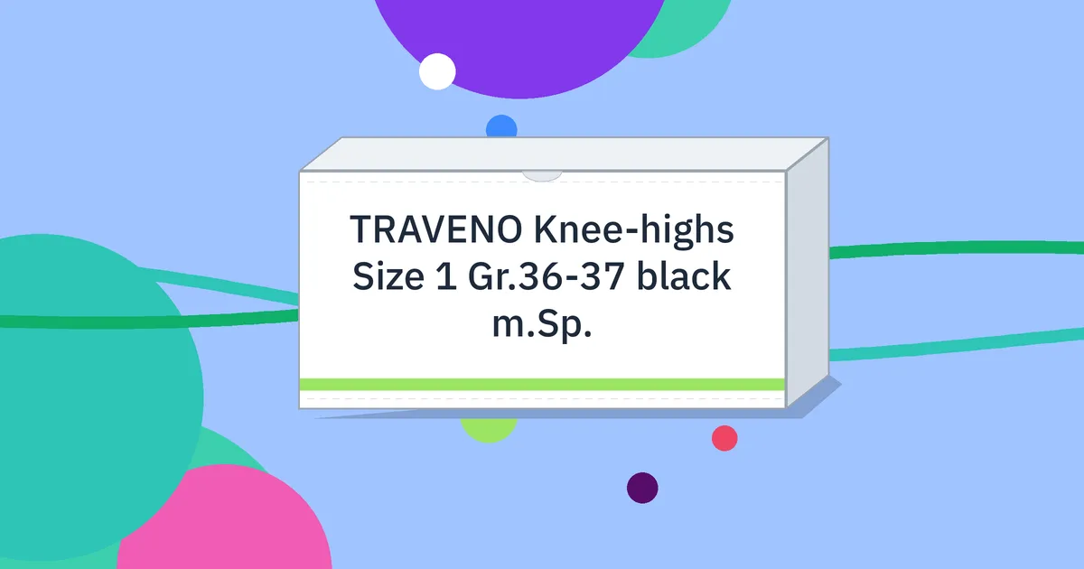 Symbolbild: Packung mit der Aufschrift TRAVENO Knee-highs Size 1 Gr.36-37 black m.Sp. (PZN 17603004) – Verfügbarkeit und Bezug in Apotheken in Frankfurt am Main