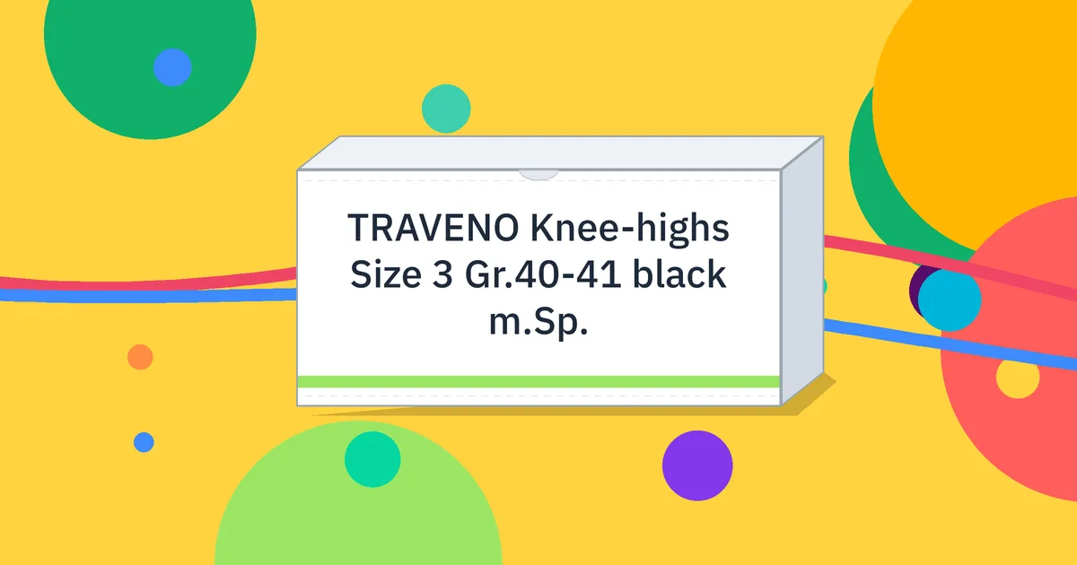 Symbolbild: Packung mit der Aufschrift TRAVENO Knee-highs Size 3 Gr.40-41 black m.Sp. (PZN 17603056) – Verfügbarkeit und Bezug in Apotheken in Frankfurt am Main