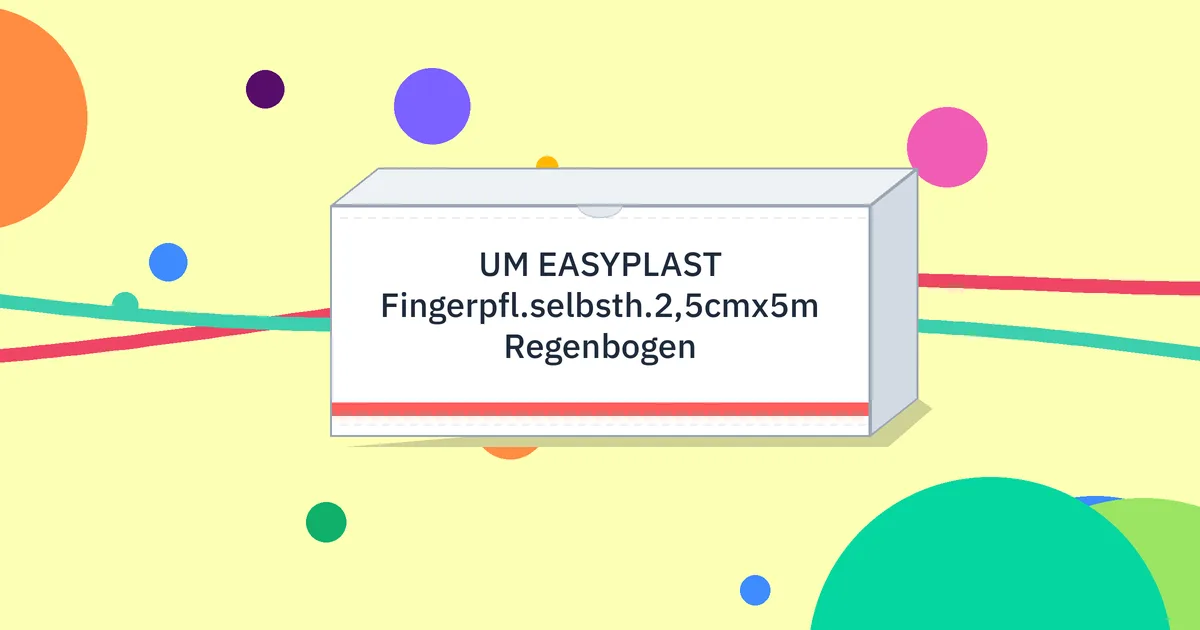 Symbolbild: Packung mit der Aufschrift UM EASYPLAST Fingerpfl.selbsth.2,5cmx5m Regenbogen (PZN 18471094) – Verfügbarkeit und Bezug in Apotheken in Frankfurt am Main