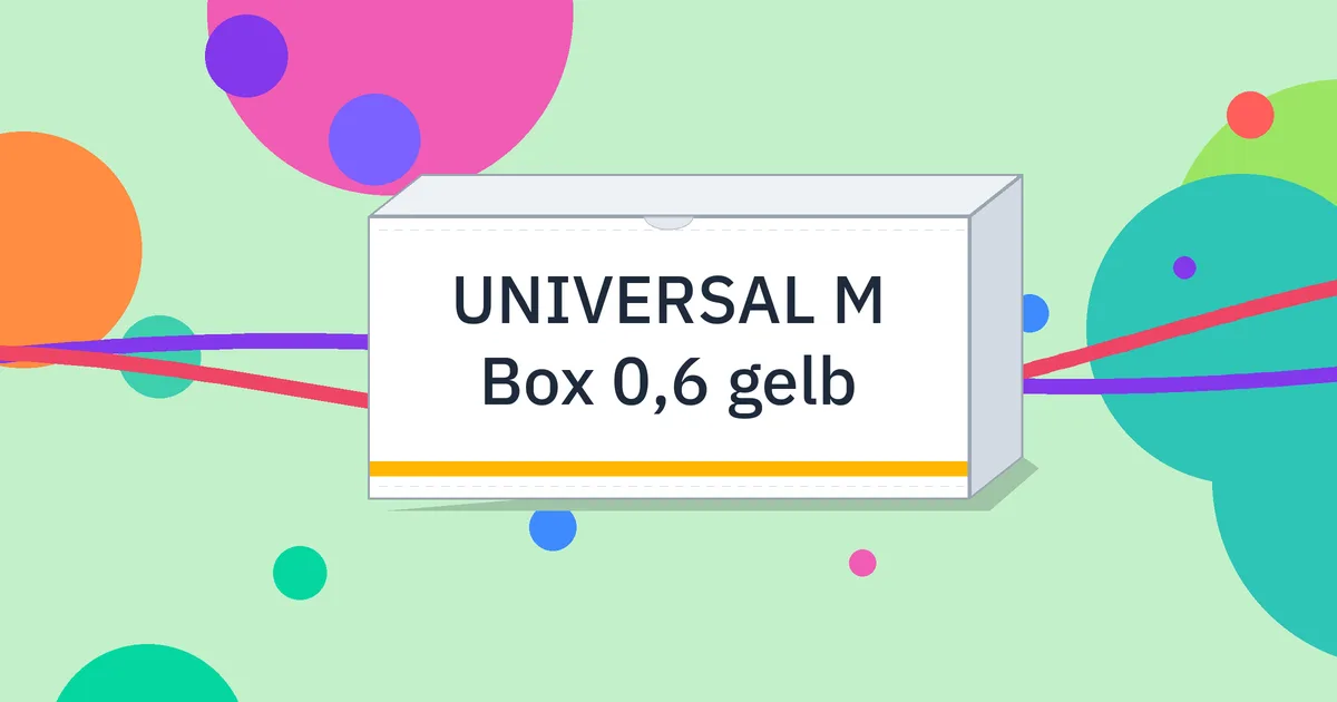 Symbolbild: Packung mit der Aufschrift UNIVERSAL M Box 0,6 gelb (PZN 07597426) – Verfügbarkeit und Bezug in Apotheken in Frankfurt am Main