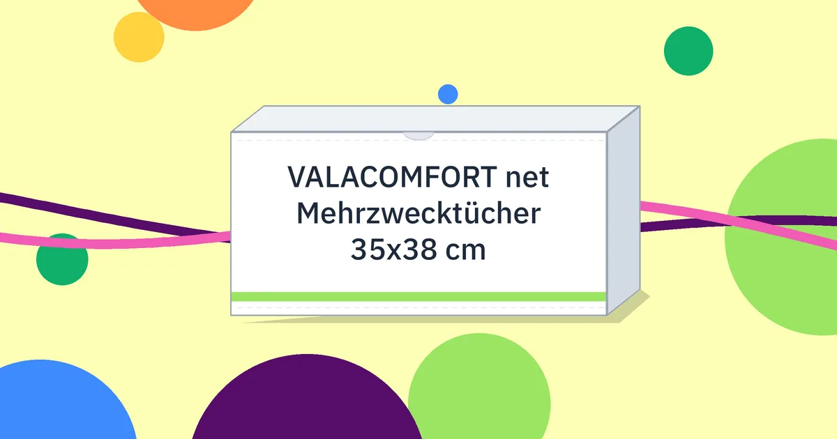 Symbolbild: Packung mit der Aufschrift VALACOMFORT net Mehrzwecktücher 35x38 cm (PZN 13746043) – Verfügbarkeit und Bezug in Apotheken in Frankfurt am Main