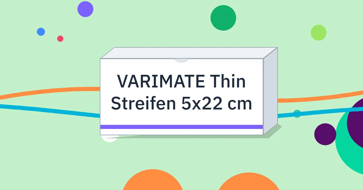 Symbolbild: Packung mit der Aufschrift VARIMATE Thin Streifen 5x22 cm (PZN 02788682) – Verfügbarkeit und Bezug in Apotheken in Frankfurt am Main